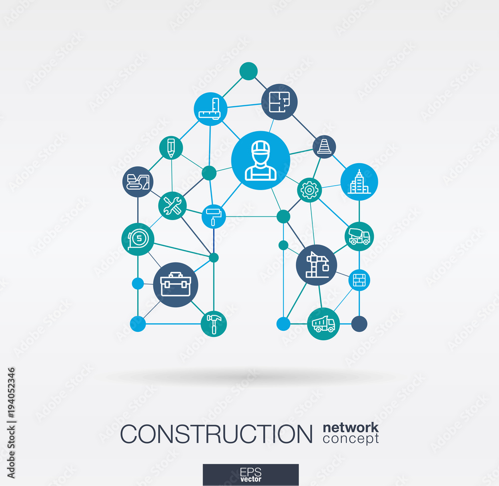 Construction integrated thin line web icons in home shape.. Digital ...