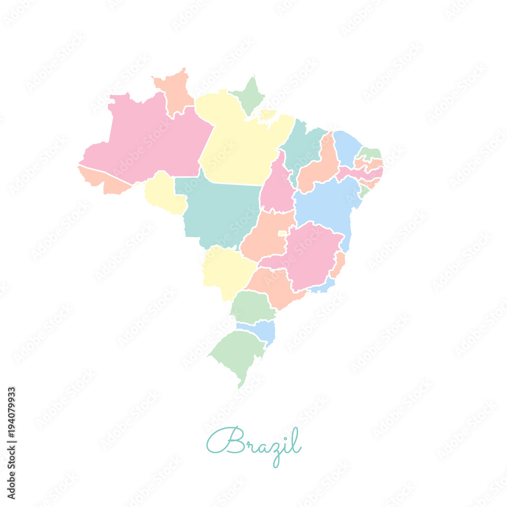 Brazil region map: colorful with white outline. Detailed map of Brazil ...