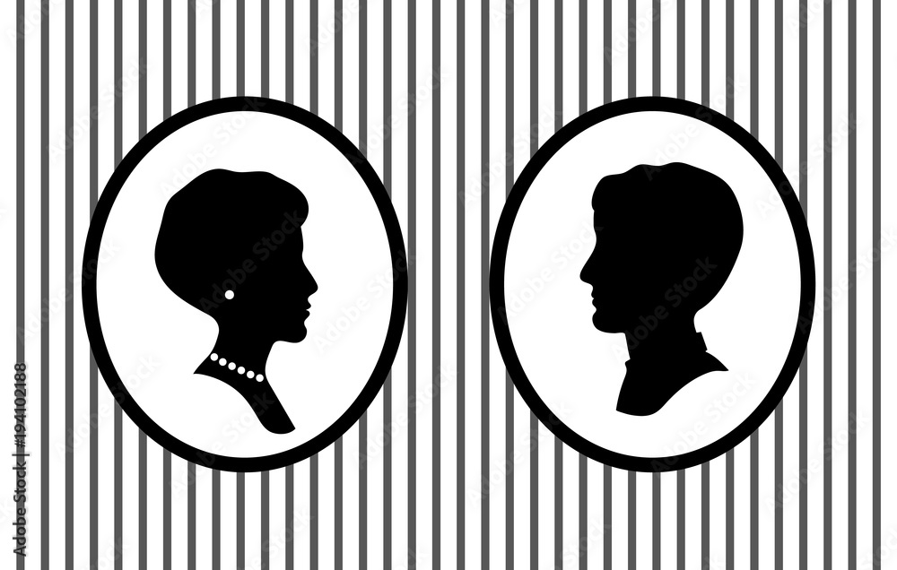 Male and female head portraits in frames on the wall with jewelry ...