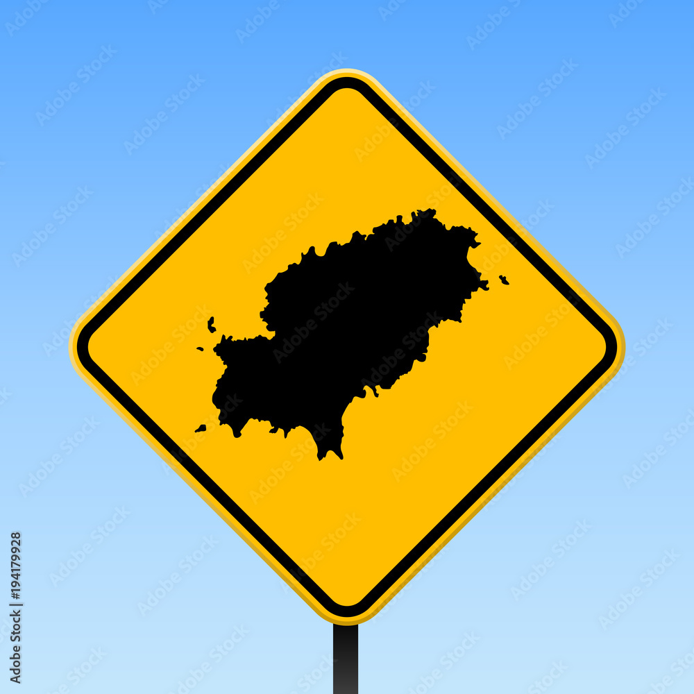 Ibiza map on road sign. Square poster with Ibiza island map on yellow ...