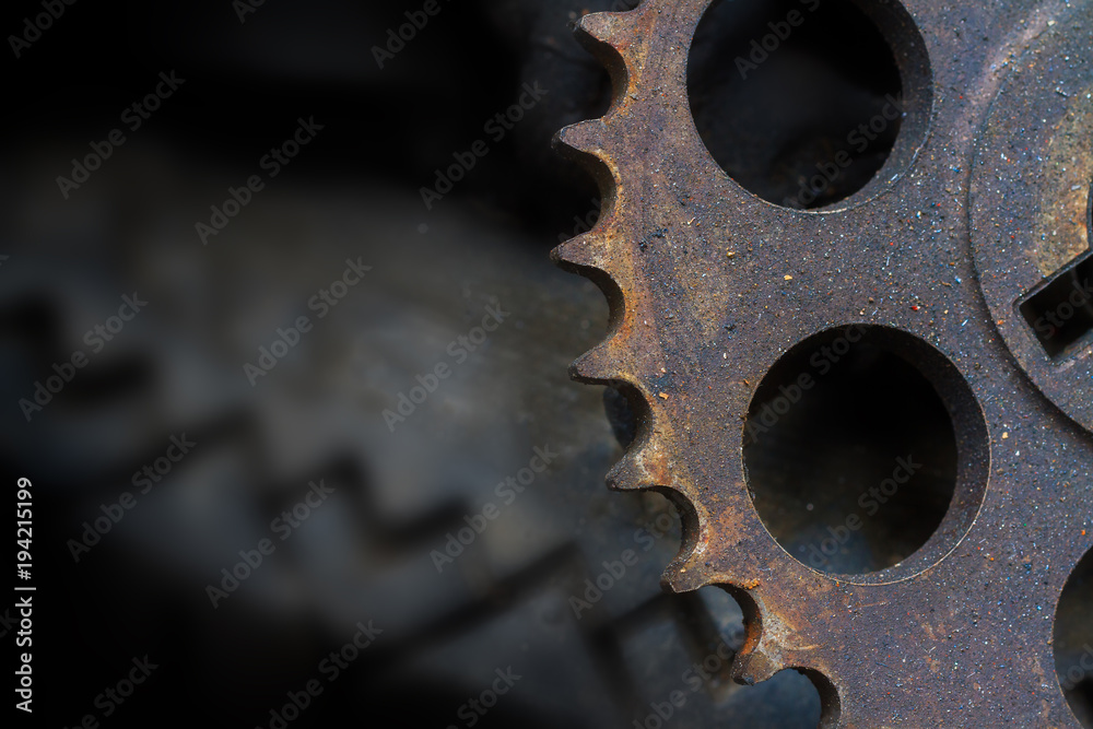 Mechanic photo. Close-up cogs of cam sharp gear with rust and dusty ...