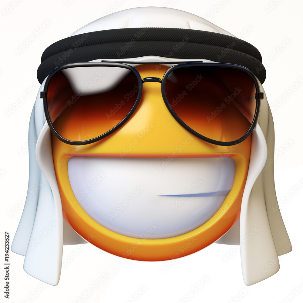Cool Arab emoji isolated on white background, smiling Arabian emoticon ...