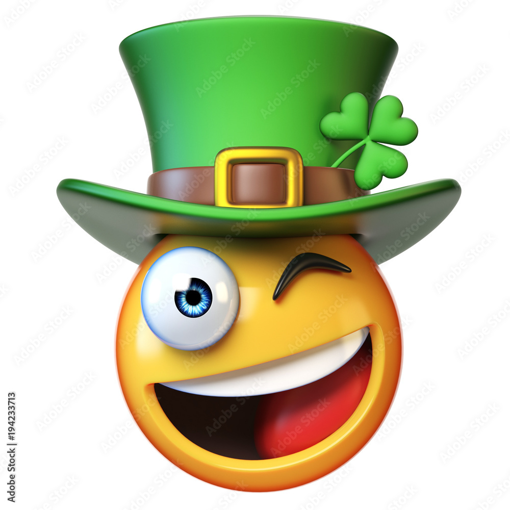 Emoji with green St. Patrick's Day hat with four-leaf clover, Irish ...