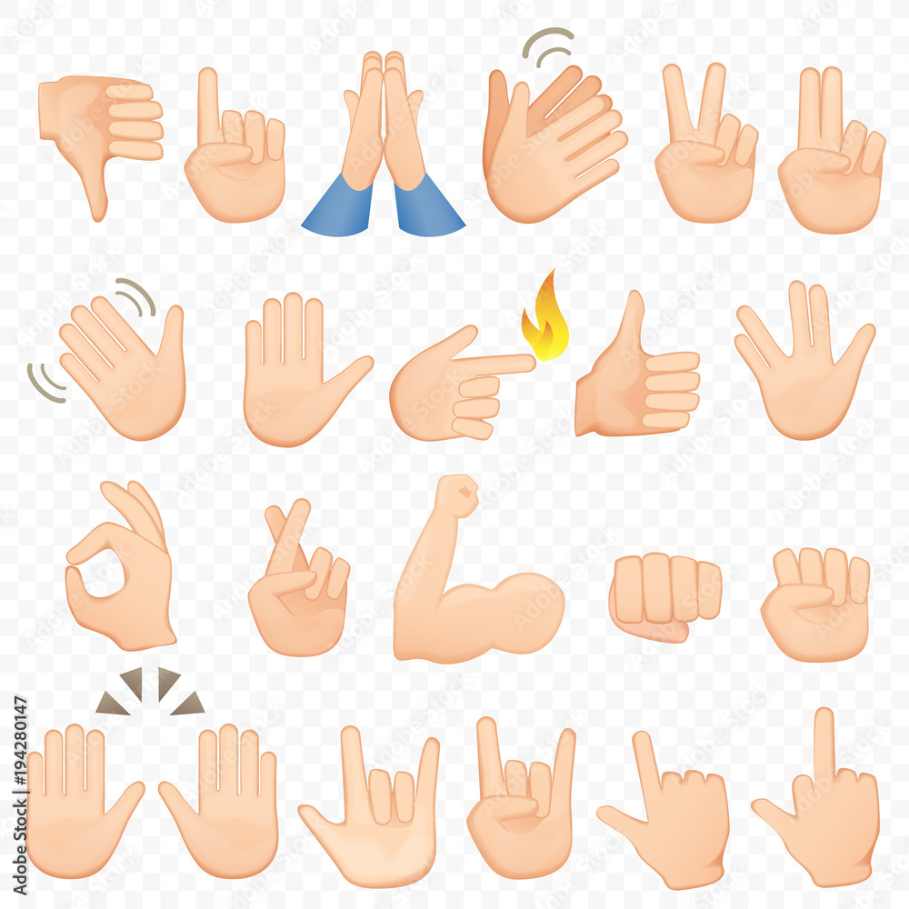 Set of cartoon hands icons and symbols. Emoji hand icons. Different ...