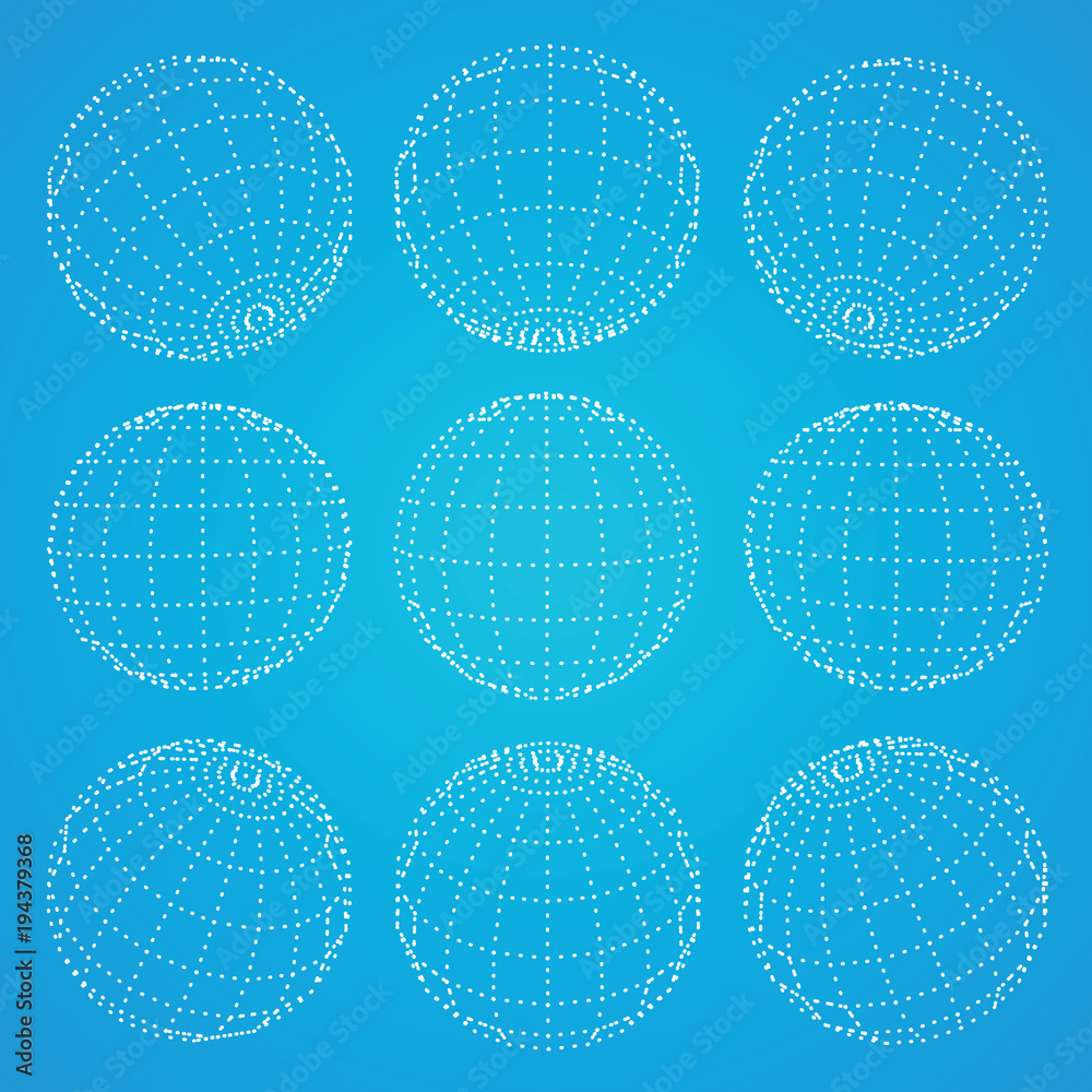 Set of 3d spheres globe earth grid from different sides. Horizontal and ...