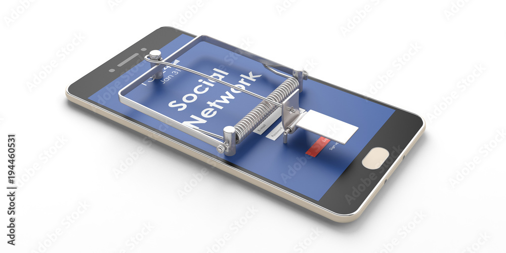 Social network. Smartphone mouse trap isolated on white background. 3d ...
