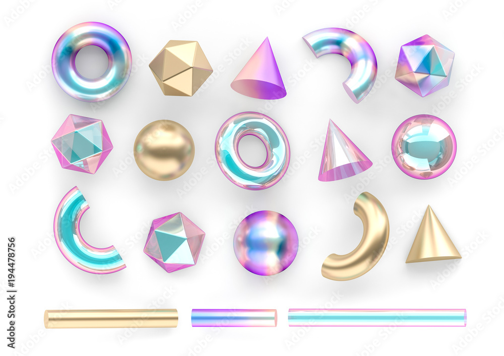 Set of 3d render realistic primitives on white background. Isolated graphic elements. Spheres ...