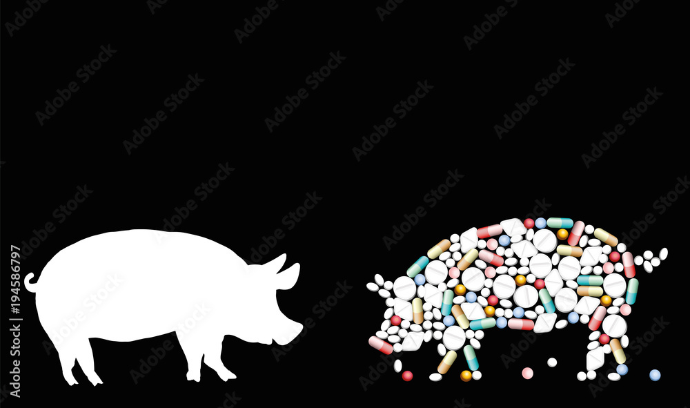 Pills that shape a pig. Symbol for animal healthcare issues, medicine ...