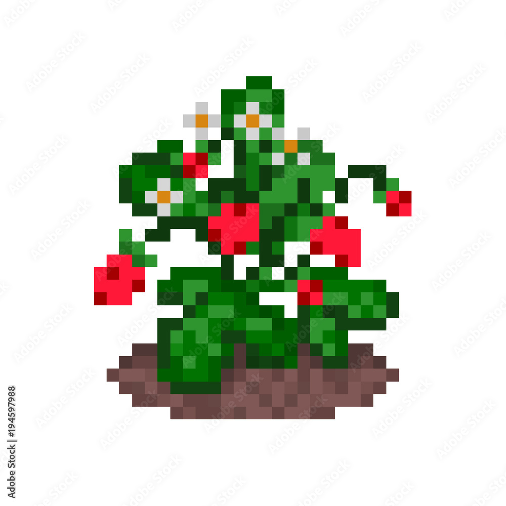 Wild strawberries on a bush growing in a bed, pixel art icon. Old ...