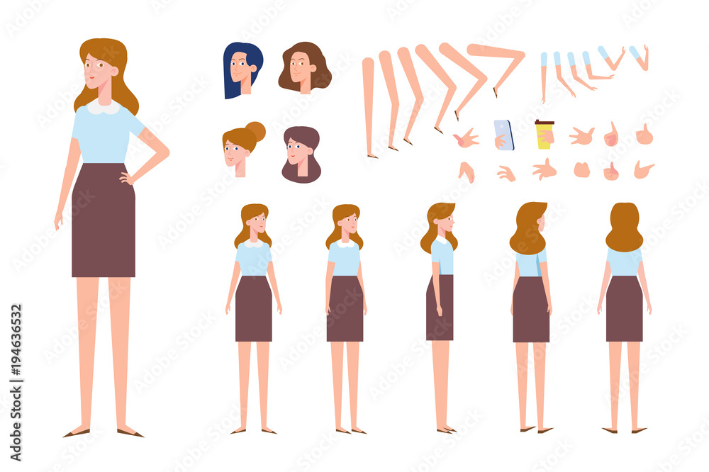 Front, side, back view animated character. Pretty young woman character ...