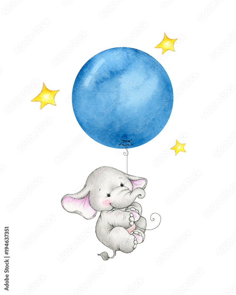 Baby elephant hanging on blue balloon Stock Illustration | Adobe Stock