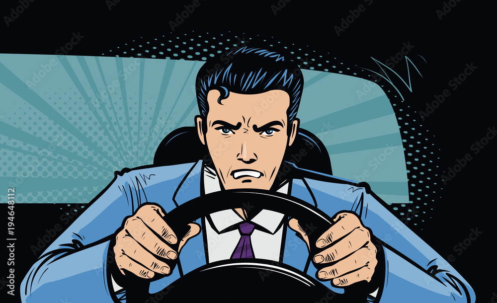 Aggressive driver behind the wheel of car. Race, pursuit in pop art ...