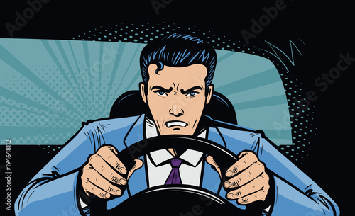 Aggressive driver behind the wheel of car. Race, pursuit in pop art ...