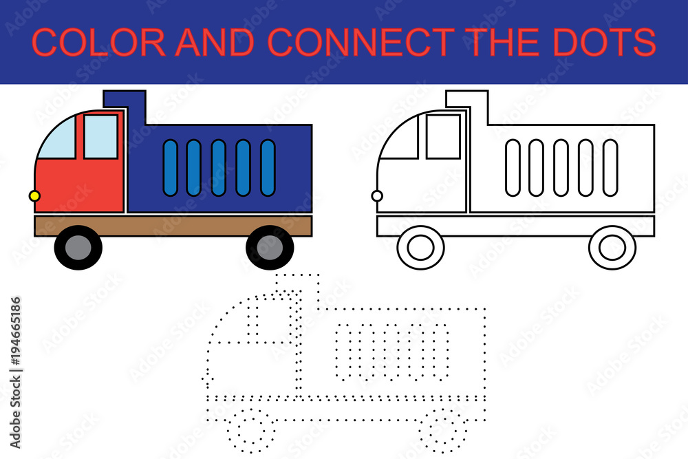 Cartoon dump truck. Dot to dot educational paper game for preschool ...