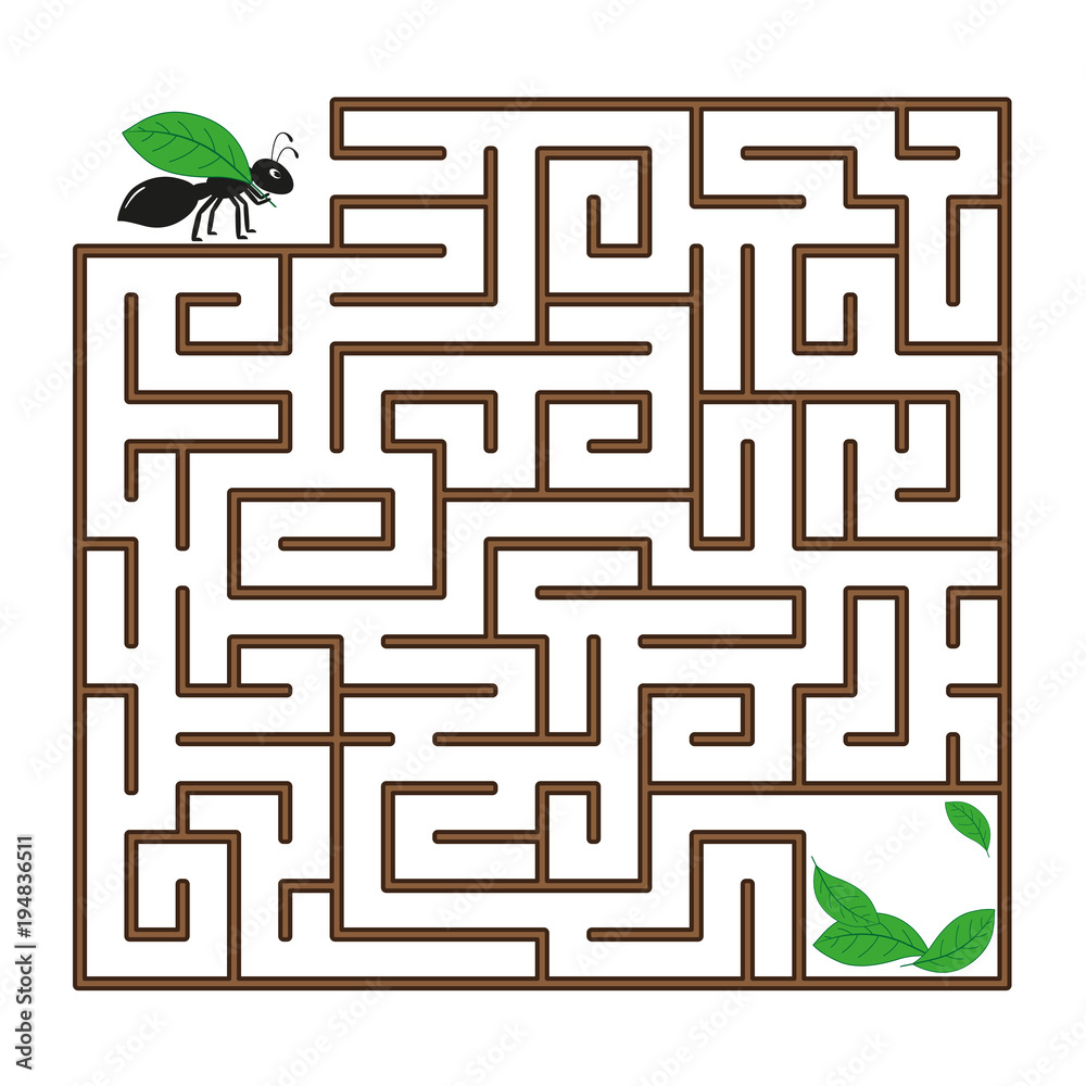 Maze for children. A black ant with a leaf goes through a maze on the ...