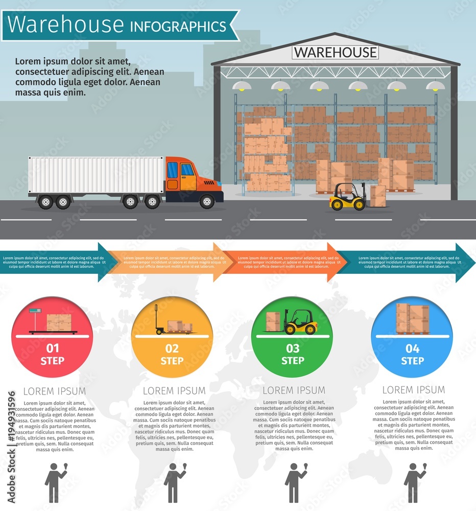 Warehouse infographic with interior and exterior shipping goods Stock ...