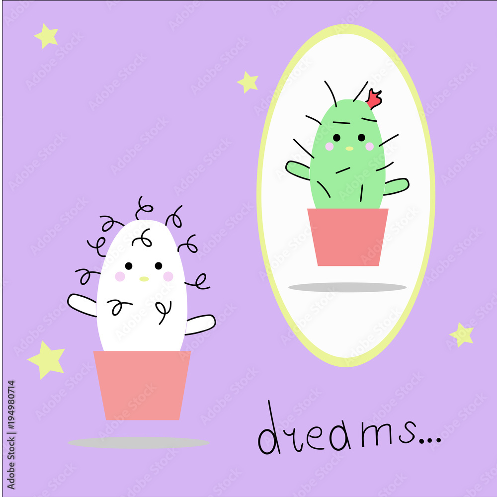 Cute cartoon cactus and juicy with a funny face sticker. White curly ...