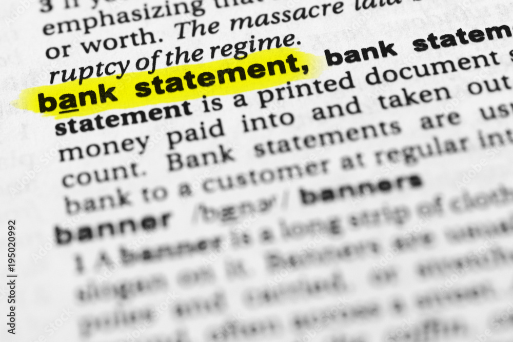 Highlighted English word "bank statement" and its definition in the ...