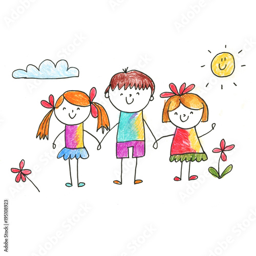 Small children play and study. Kids drawing style illustration ...