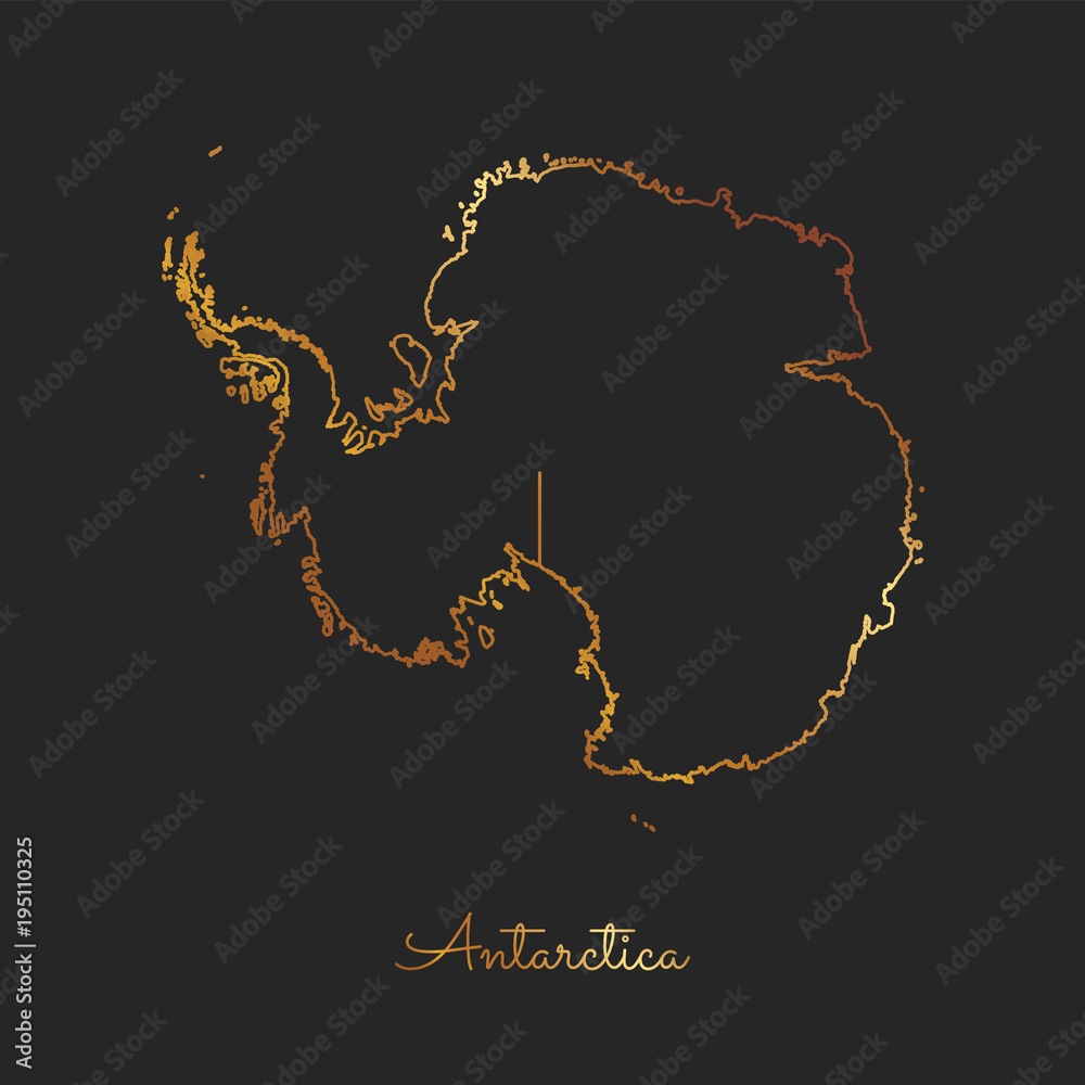 Antarctica region map: golden gradient outline on dark background. Detailed map of Antarctica ...