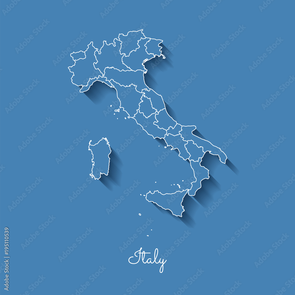 Italy region map: blue with white outline and shadow on blue background ...
