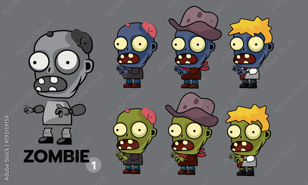 Zombie character cartoon style sprites set, runner, cowboy and office ...