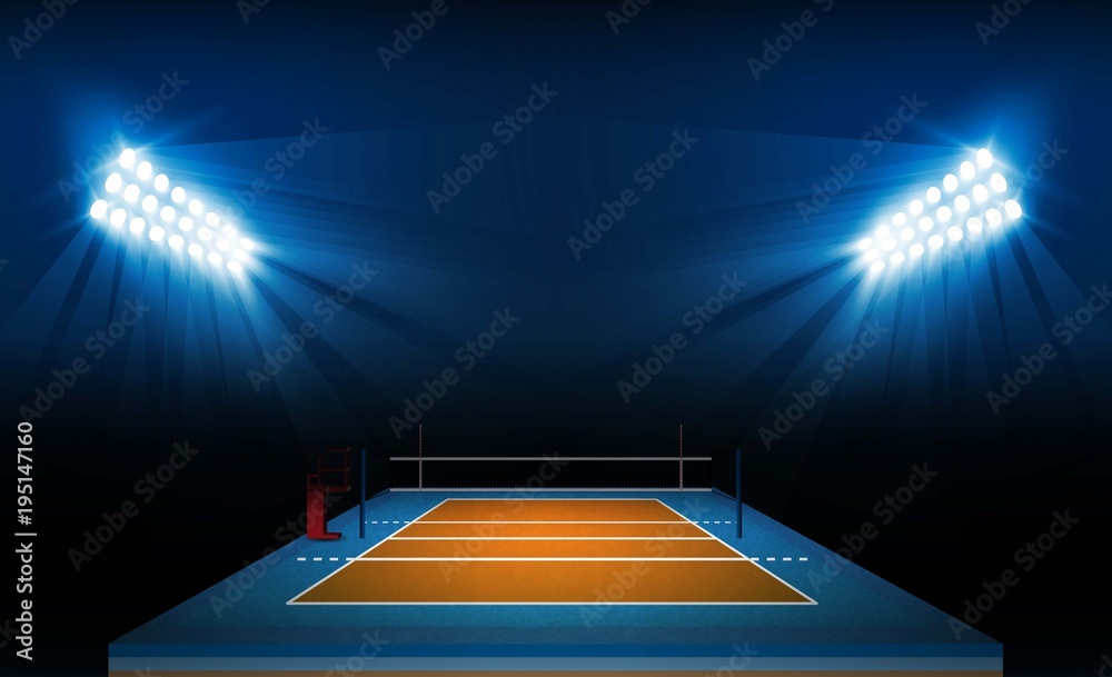 Volleyball court arena field with bright stadium lights design. Vector ...