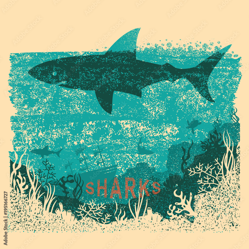 Shark swimming in sea on old paper poster background with text.Vintage ...