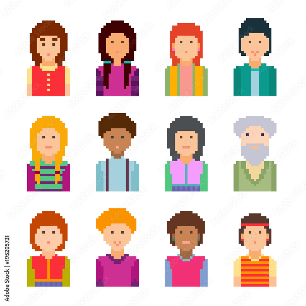 Pixel art style cartoon faces. Vector illustration. Collection of cute ...
