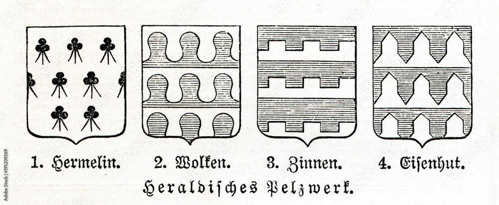 Illustration Stock Tinctures in heraldry (from left) - ermine, clouds ...