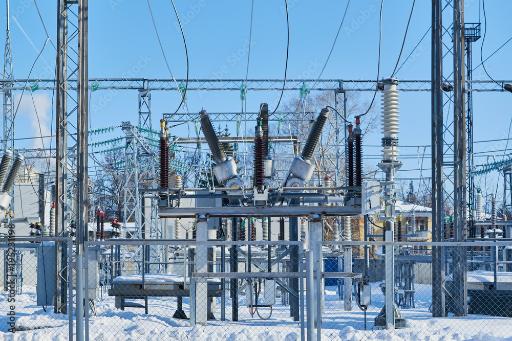 High-voltage circuit breakers at electrical substations connected with ...