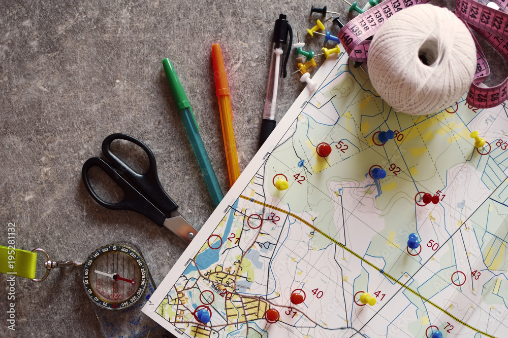 Top view of colorful topographic map for orienteering or rogaining ...