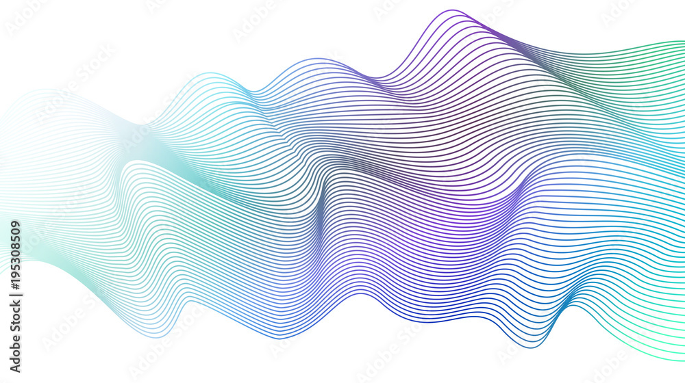 Teal, turquoise green, purple flowing wave pattern. Flying ribbon, silk ...