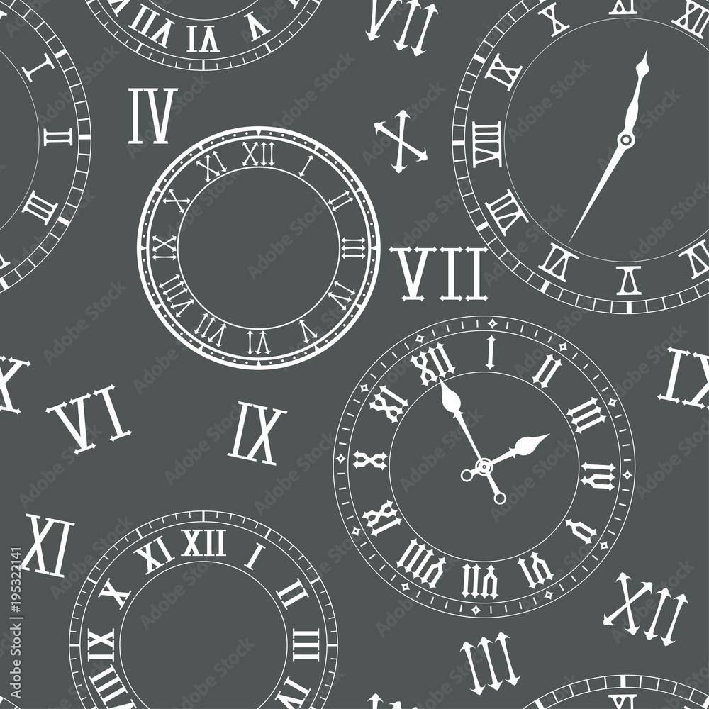 Time seamless pattern. Clocks, clock faces, roman numerals Stock Vector ...