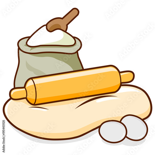 Bread baking ingredients. A rolling pin rolling out dough, flour and ... Bread baking ingredients. A rolling pin rolling out dough, flour and ...