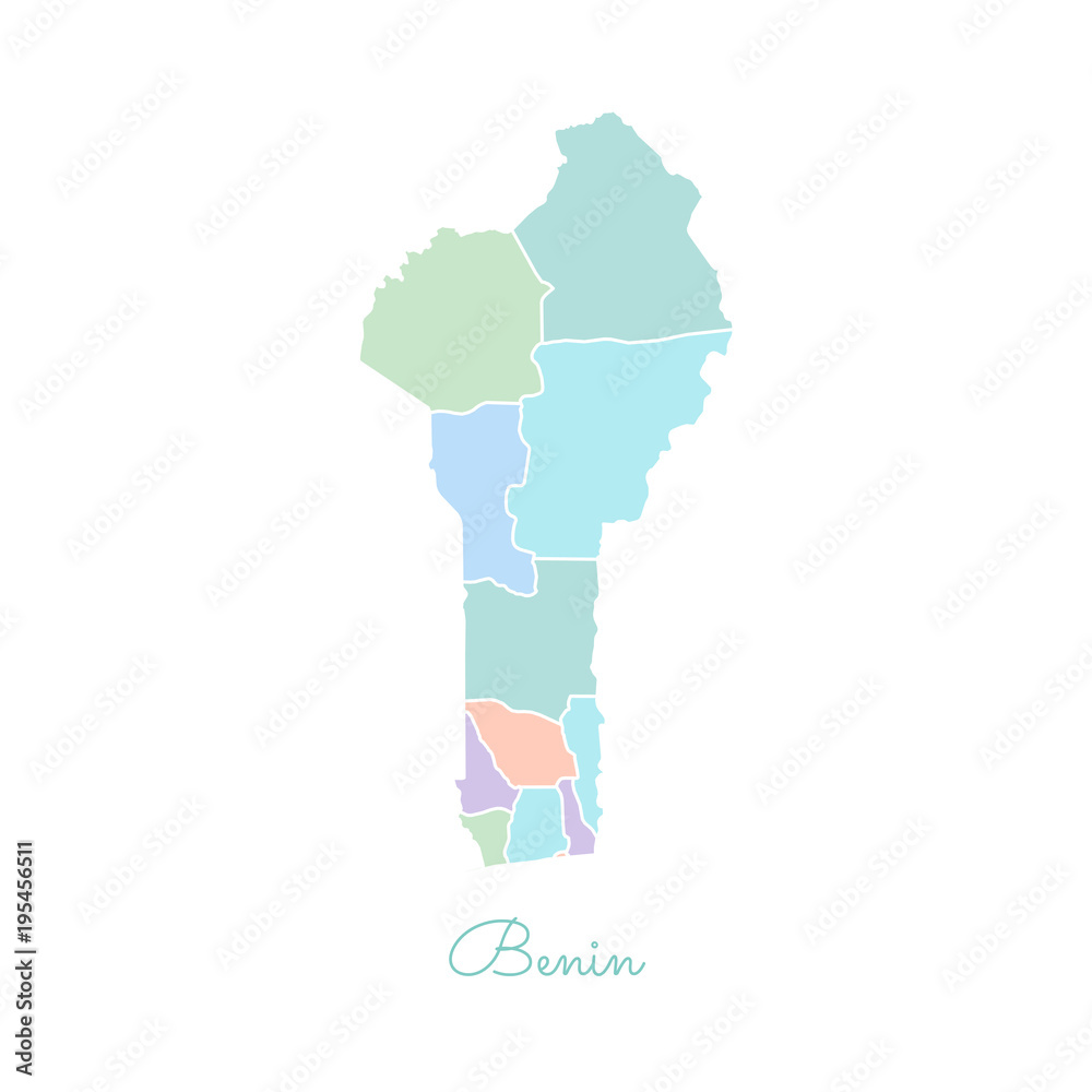 Benin region map: colorful with white outline. Detailed map of Benin ...