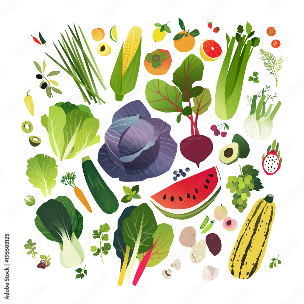 Big clipart collection of fruits and vegetables Stock Vector | Adobe Stock