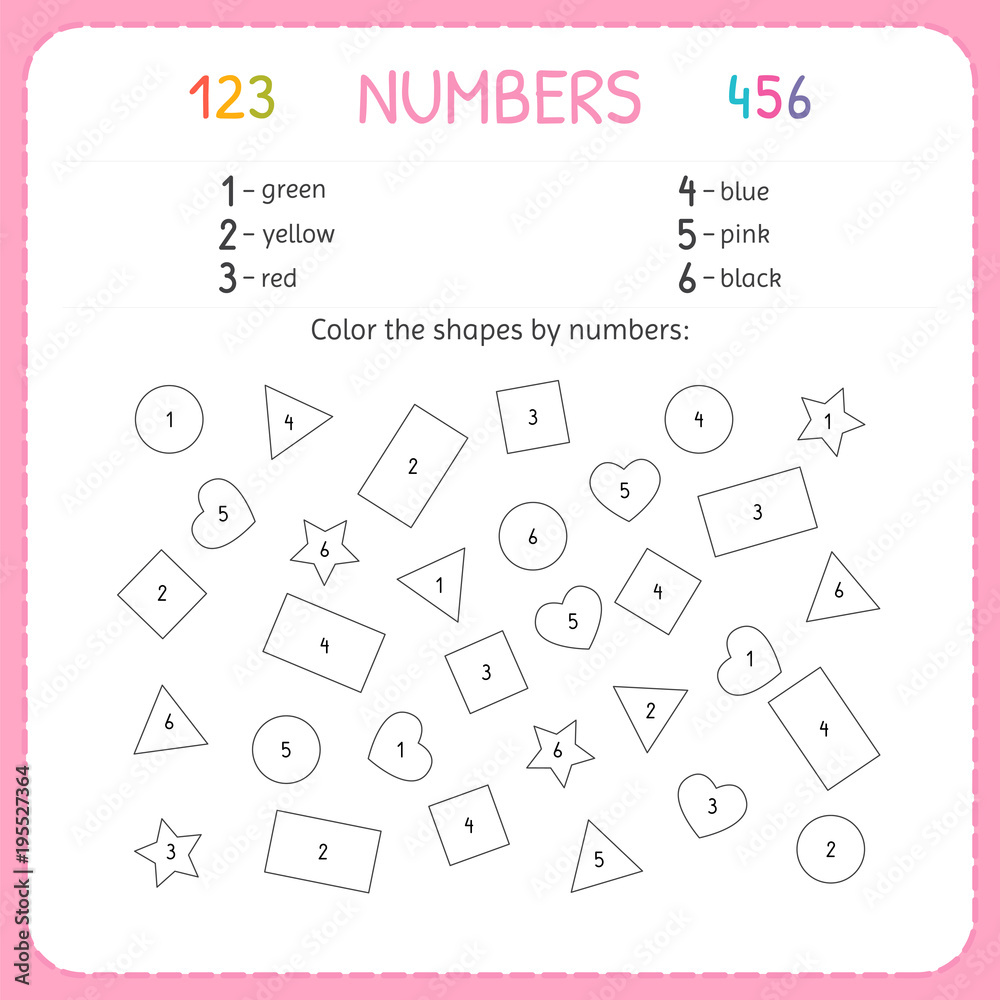 Color the shapes by numbers. Worksheet for kindergarten and preschool ...