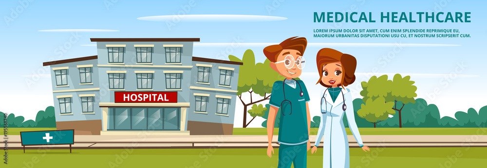 Vector cartoon male female doctor, nurse hospital background ...
