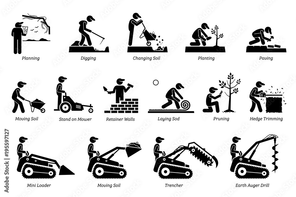Landscaping and Horticulture. Icons depict landscaper and gardener ...