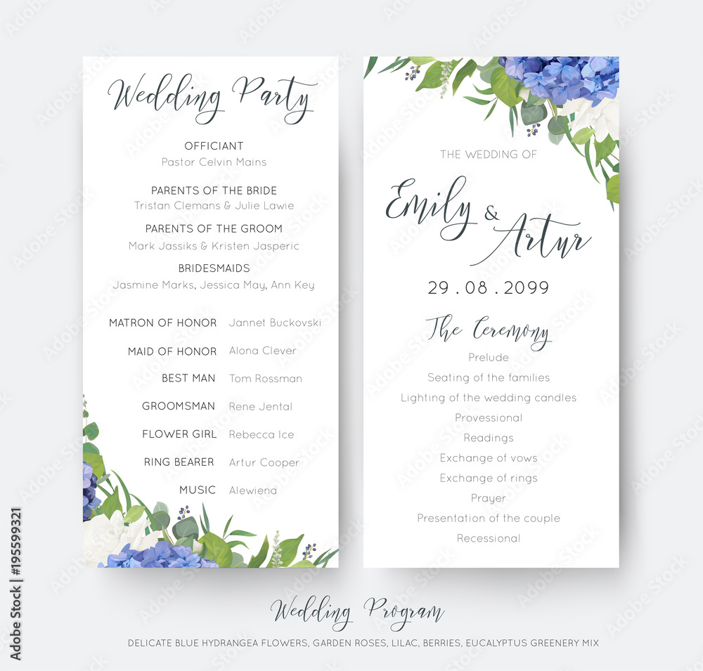 Wedding floral wedding party & ceremony program card design with elegant blue hydrangea flowers ...