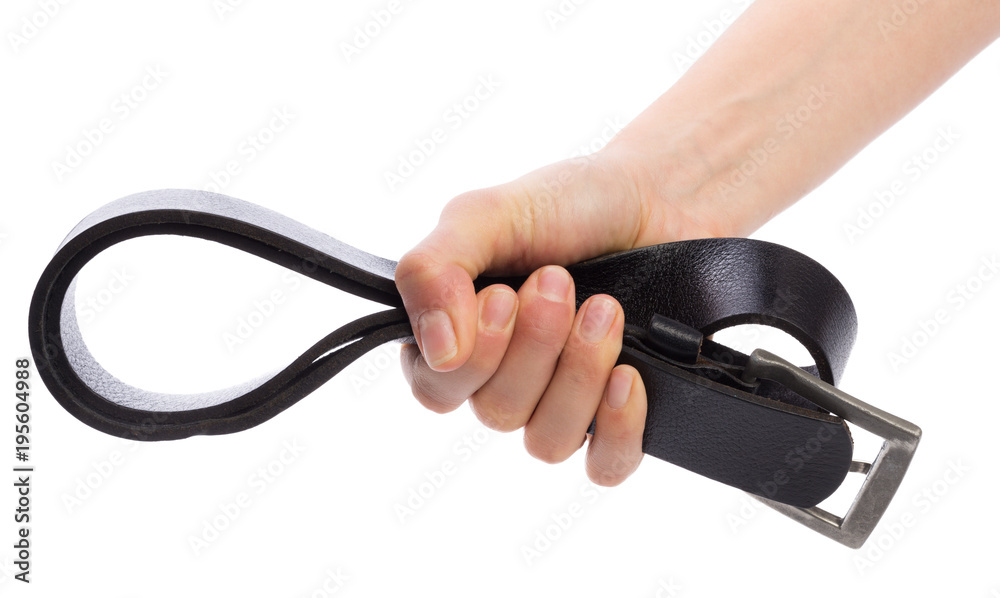 Hand holding leather belt for punishment on white background Stock ...