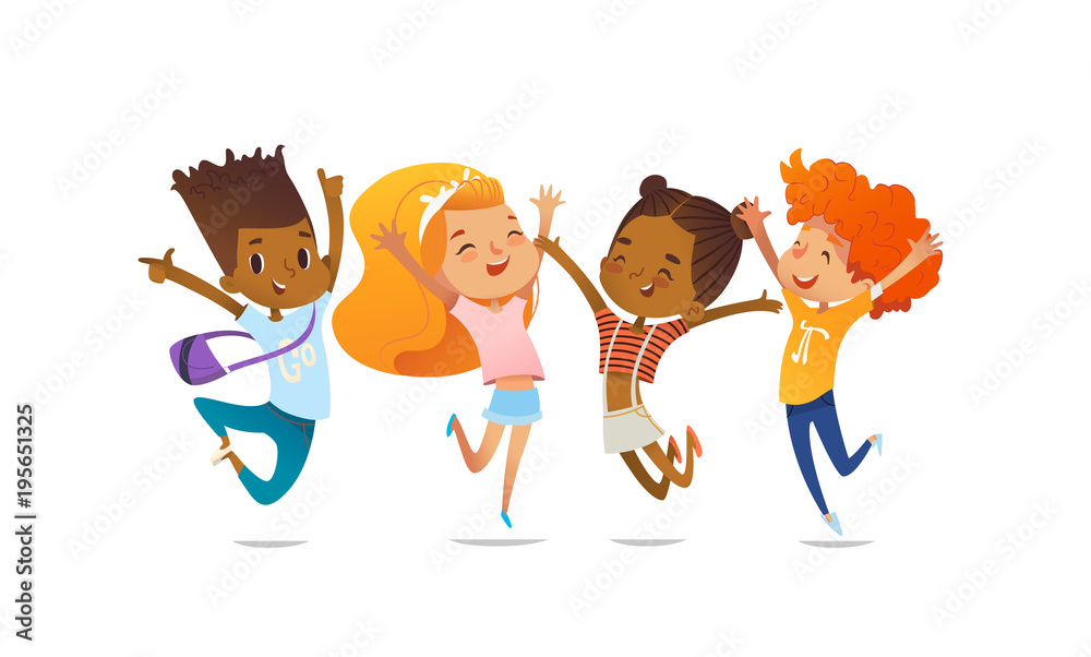 Joyous school friends happily jumping with their hands up against ...