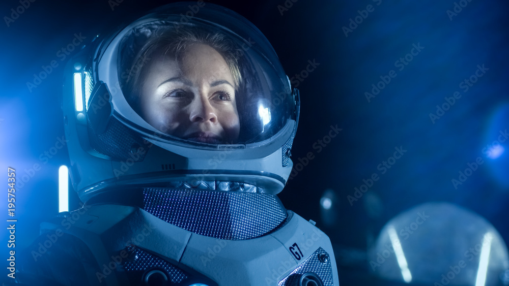 Portrait of the Beautiful Female Astronaut on the Alien Planet Looking ...