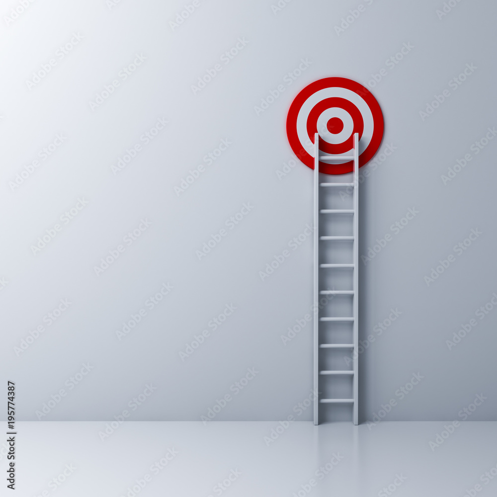 Ladder and the red target on white wall background. 3D rendering. Stock ...