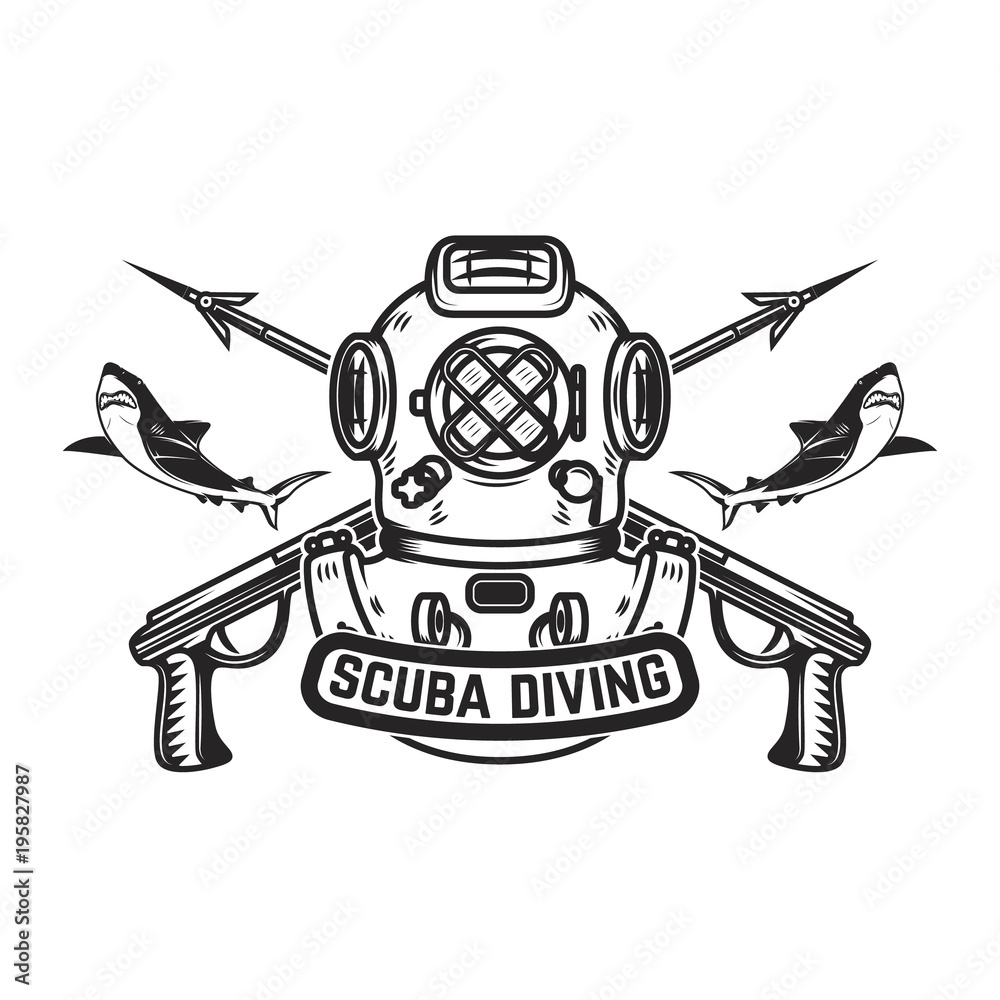 Scuba diving. Emblem template with old style diver helmet and ...