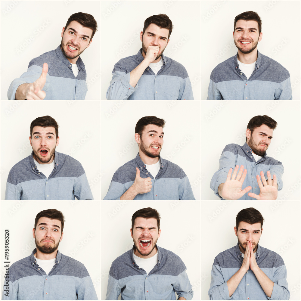 Set of young man different emotions at white studio background Stock ...