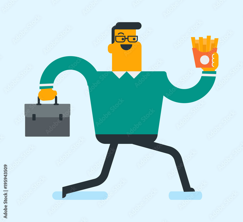 Caucasian business man eating hot dog in a hurry. Business man eating ...