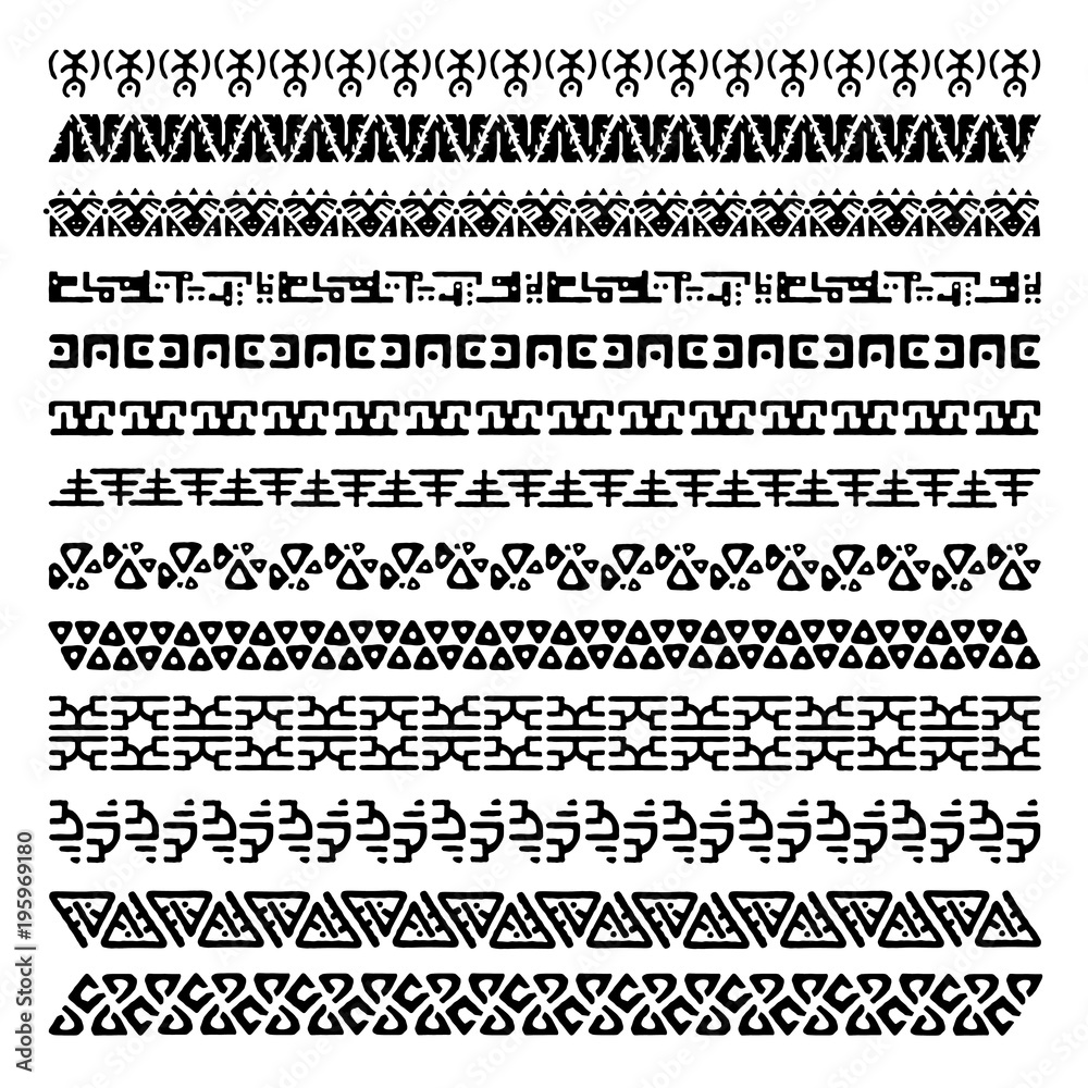 Vector set of 13 decorative geometric seamless borders in ethnic style ...