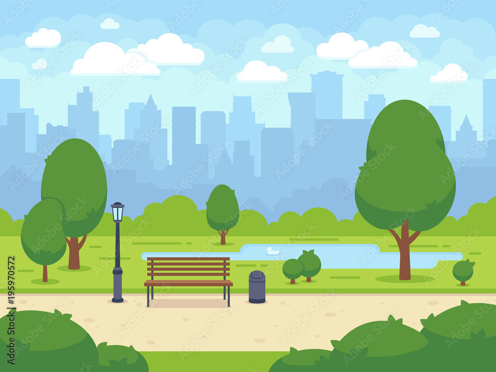 City summer park with green trees bench, walkway and lantern. Cartoon ...